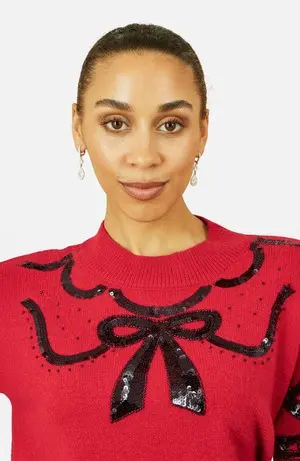 YUMI Sequinned Bow Neckline Sweater - Red
