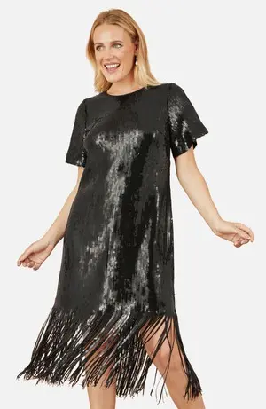 YUMI Sequin Tunic Midi Dress With Tasseled Hem
