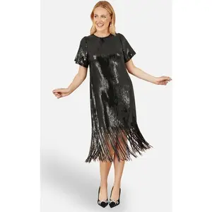 YUMI Sequin Tunic Midi Dress With Tasseled Hem - Black
