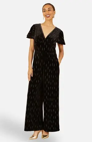 YUMI Foil Print Velvet Jumpsuit - Black