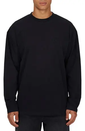 GOOD FOR NOTHING Emblem Tonal Relaxed Slub Long Sleeve T-shirt - Black