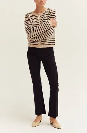 CRESCENT Crew Neck Striped Cardigan - Oatmeal/black