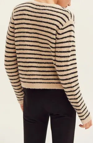 CRESCENT Crew Neck Striped Cardigan - Oatmeal/black