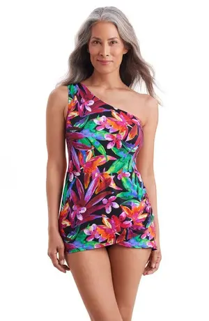 SHAPESOLVER One-shoulder Swimdress - Secret Jungle