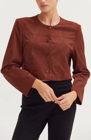 CRESCENT Faux Suede Cropped Jacket - Brown