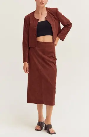 CRESCENT Faux Suede Cropped Jacket - Brown