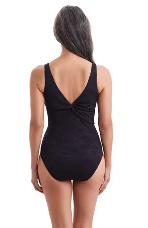SHAPESOLVER Twist Back One-piece Swimsuit - Black Pressed Flowers