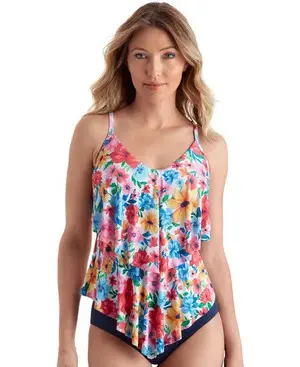 SHAPESOLVER V-neck Double Tiered Tankini Top - Wallflower