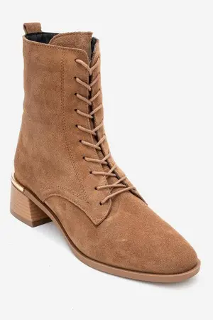 FOREVER & ALWAYS SHOES Leather Block Heel Boots - Cognac Suede Leather