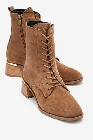 FOREVER & ALWAYS SHOES Leather Block Heel Boots - Cognac Suede Leather