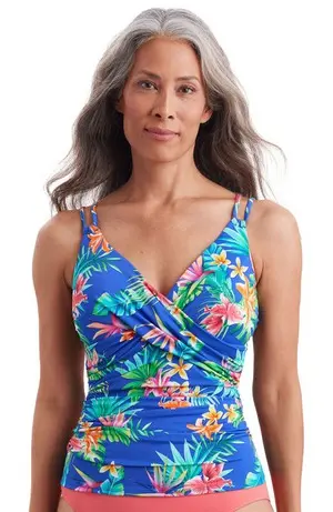 SHAPESOLVER Crossover Tankini Swimsuit Top - Tropical Tendencies