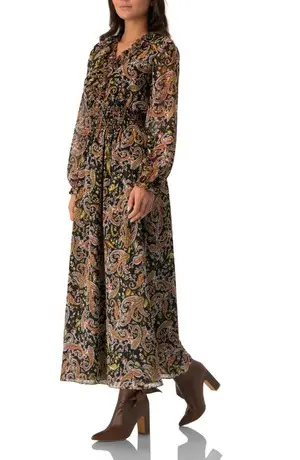 IVONNE Printed Long Dress With Smock Detail