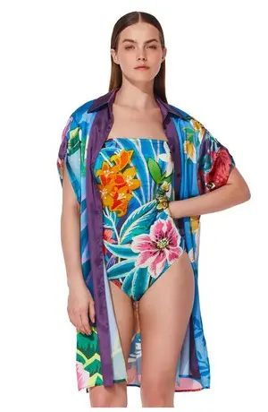 GOTTEX Tropicana Belted Short Sleeve Shirt Dress Cover-up - Multi-blue
