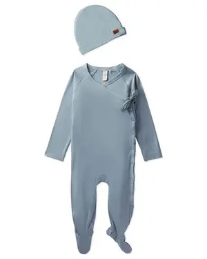 MINIMOI Crossover V-neck Modal-blend Footie And Beanie Set - Blue Frost