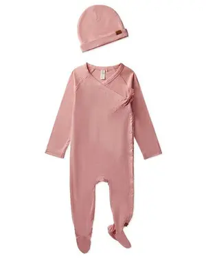 MINIMOI Crossover V-neck Modal-blend Footie And Beanie Set - Rose