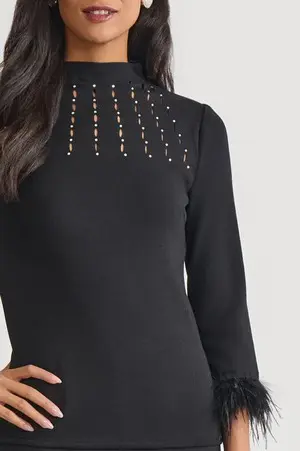 Ming Wang Embellished High Neck Knit Top