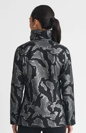 Ming Wang Tailored Shimmer Ruffle Neck Woven Jacquard Jacket