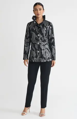 Ming Wang Tailored Shimmer Ruffle Neck Woven Jacquard Jacket