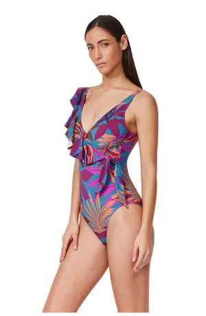 GOTTEX Plantopia V-neck Surplice Ruffle One Piece - Multi-teal
