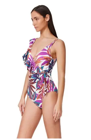 GOTTEX Plantopia V-neck Surplice Ruffle One Piece - Multi