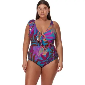 GOTTEX Plantopia V-neck Surplice Ruffle One Piece - Multi-teal