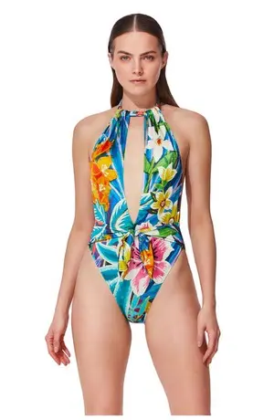GOTTEX Tropicana Neck Halter Cut Out One Piece - Multi-blue