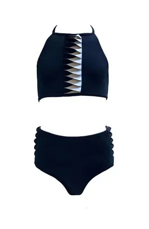 NESSI BYRD Front Window Cut High Neck Two Piece Bikini - Black