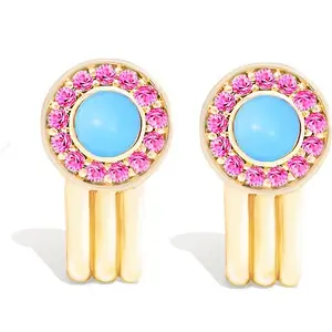 CAMPBELL + CHARLOTTE Found Cabochon Huggie Earrings - Turquoise & Pink Sapphire-gold
