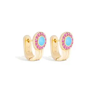 CAMPBELL + CHARLOTTE Found Cabochon Huggie Earrings - Turquoise & Pink Sapphire-gold