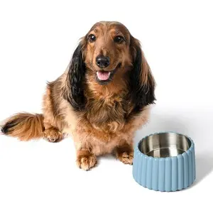 THE LICKER STORE Ripple Ridge Small/medium Slanted Concrete And Stainless Steel Bowl 16oz Pet Feeder - Blue
