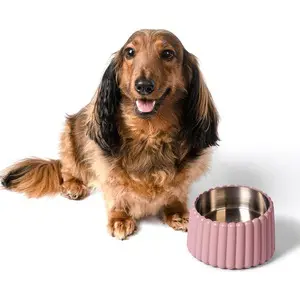 THE LICKER STORE Ripple Ridge Small/medium Slanted Concrete And Stainless Steel Bowl 16oz Pet Feeder - Pink