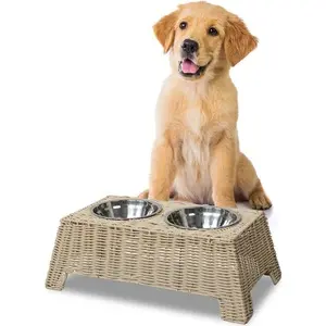 THE LICKER STORE Serenity 6.9" Small/medium Elevated Wicker Pet Feeder With 18oz 2-stainless Steel Bowls - Almond