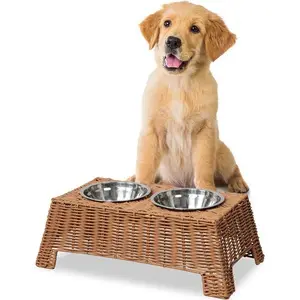 THE LICKER STORE Serenity 6.9" Small/medium Elevated Wicker Pet Feeder With 18oz 2-stainless Steel Bowls - Brown