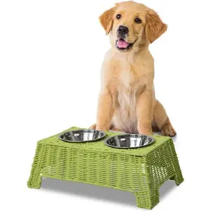 THE LICKER STORE Serenity 6.9" Small/medium Elevated Wicker Pet Feeder With 18oz 2-stainless Steel Bowls - Light Green