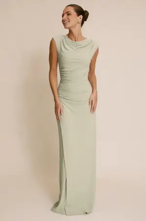 SIX STORIES Cowl Gathered Short Sleeve Bridesmaid Dress - Sage