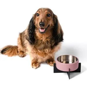 THE LICKER STORE Intersecta Small/medium Concrete And Stainless Steel Bowl 16oz With Metal Stand Pet Feeder - Pink/black