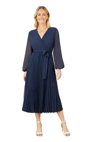 YUMI Long Sleeved Pleated Midi Wrap Dress - Navy