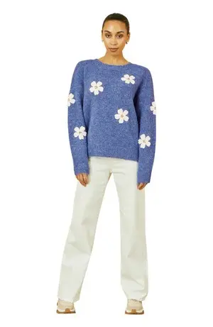 YUMI Crochet Flower Knit Relaxed Sweater - Blue