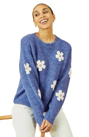 YUMI Crochet Flower Knit Relaxed Sweater - Blue