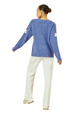YUMI Crochet Flower Knit Relaxed Sweater - Blue