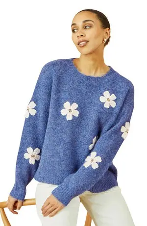 YUMI Crochet Flower Knit Relaxed Sweater - Blue