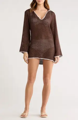 Elan Long Sleeve Sheer Open Stitch Cover-up Dress - Brown