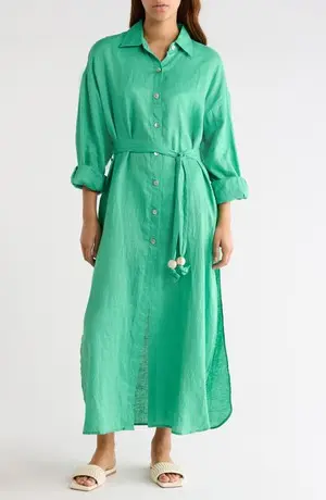Elan Linen Maxi Shirtdress - Green