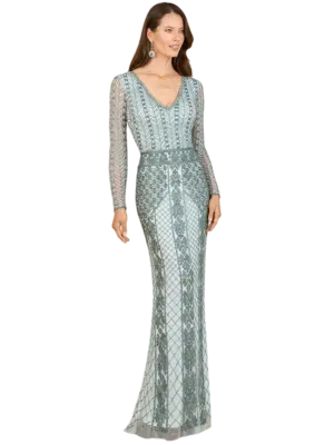 LARA NEW YORK Long Sleeve Beaded Tulle Dress - Lightblue