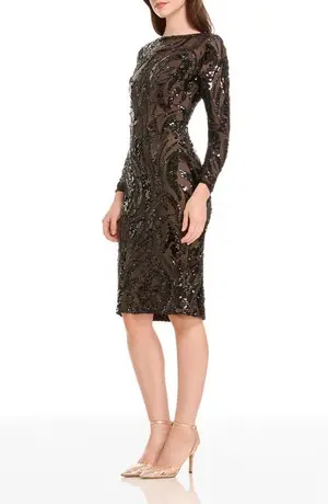 Dress The Population Emmalyn Sequin Long Sleeve Cocktail Midi Dress