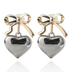 Bcbgmaxazria Heart Drop Earrings With Bow Accent - Silver