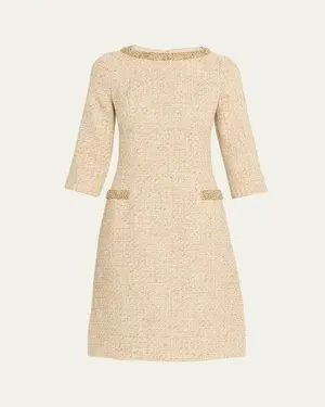 Rickie Freeman For Teri Jon Metallic Boucle A-line Dress With Jewel Trim - Gold Multi