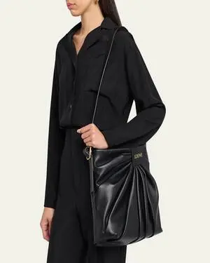 Loewe Pleated Leather Shoulder Bag - Black