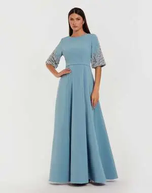 Mac Duggal Crepe Gown With Embellished Sleeves - Blue
