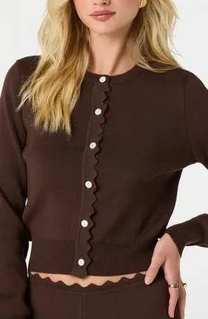 Astr The Label Scalloped Placket Crop Cardigan - Brown
